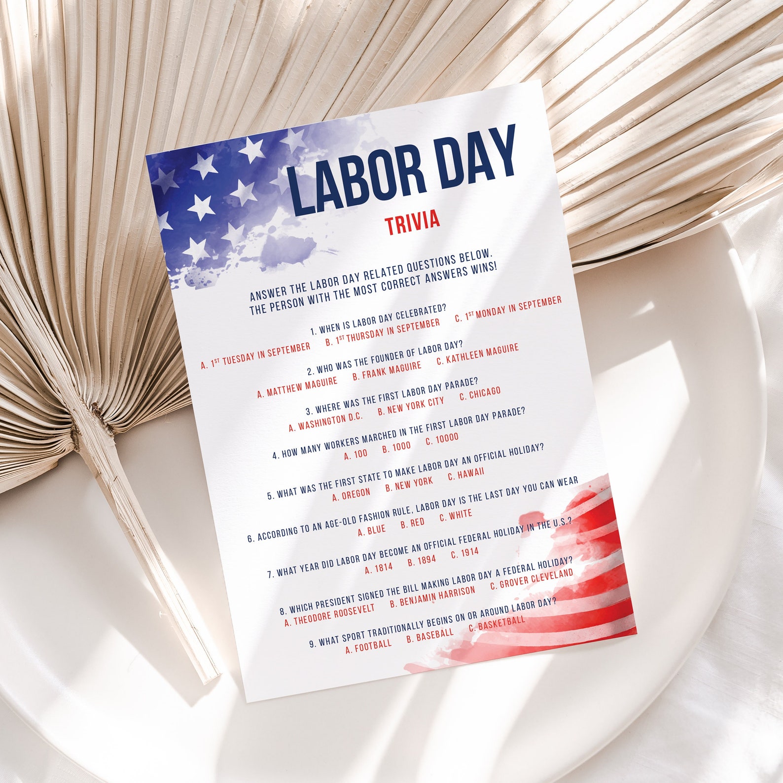Labor Day Trivia Printable Labor Day Games USA Quiz Instant Download ...