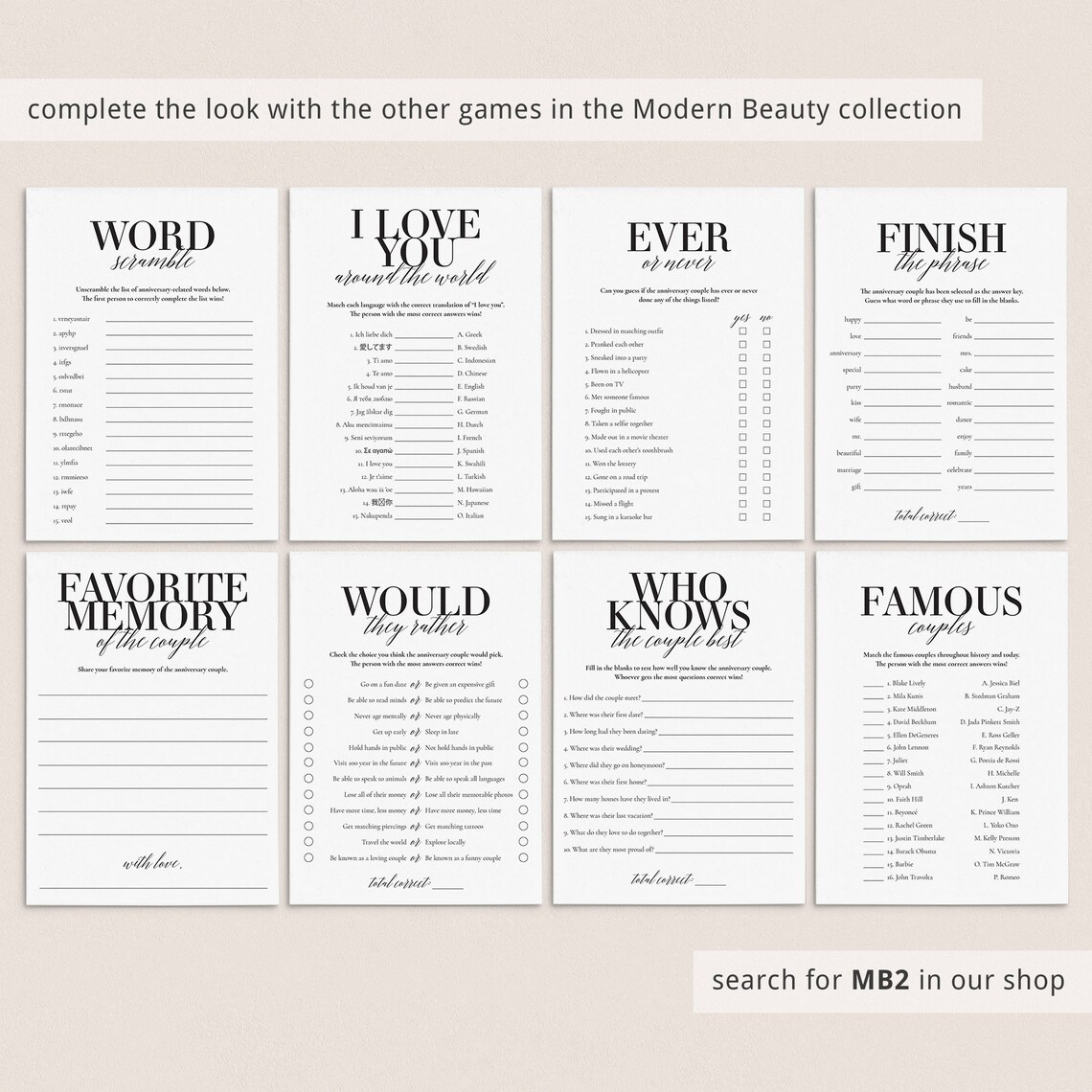 Famous Couples Game Printable Wedding Party Game Match the - Etsy