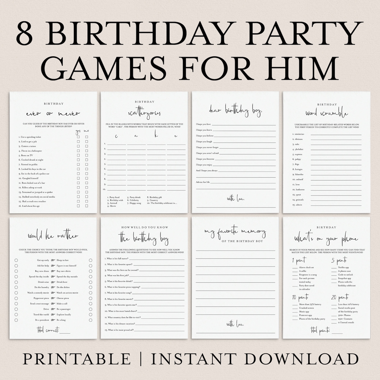 Mens Birthday Games for Him Printable Adult Birthday Game Bundle for ...