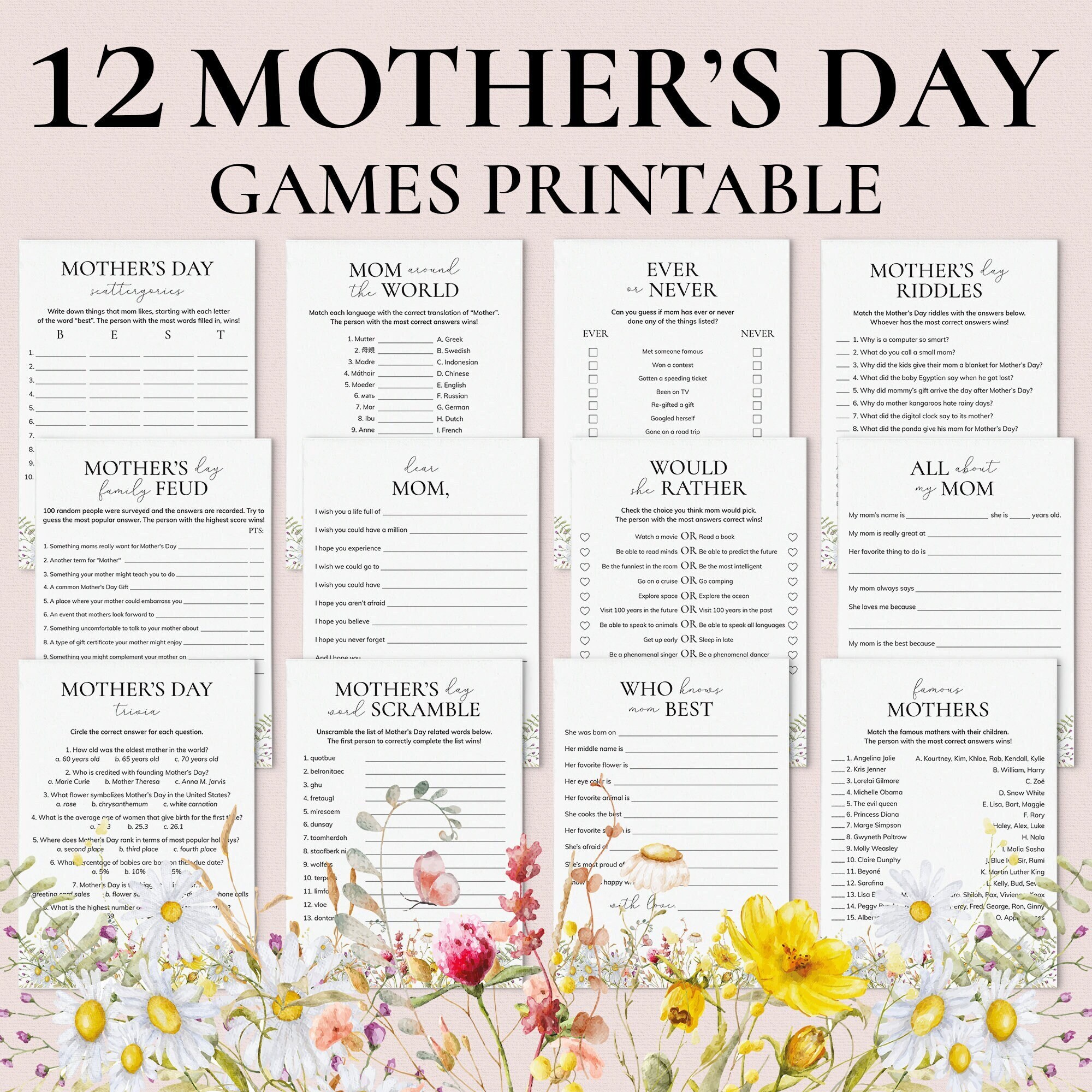 Floral Mothers Day Games Printable Mother’s Day Game Pack Mothers Day ...