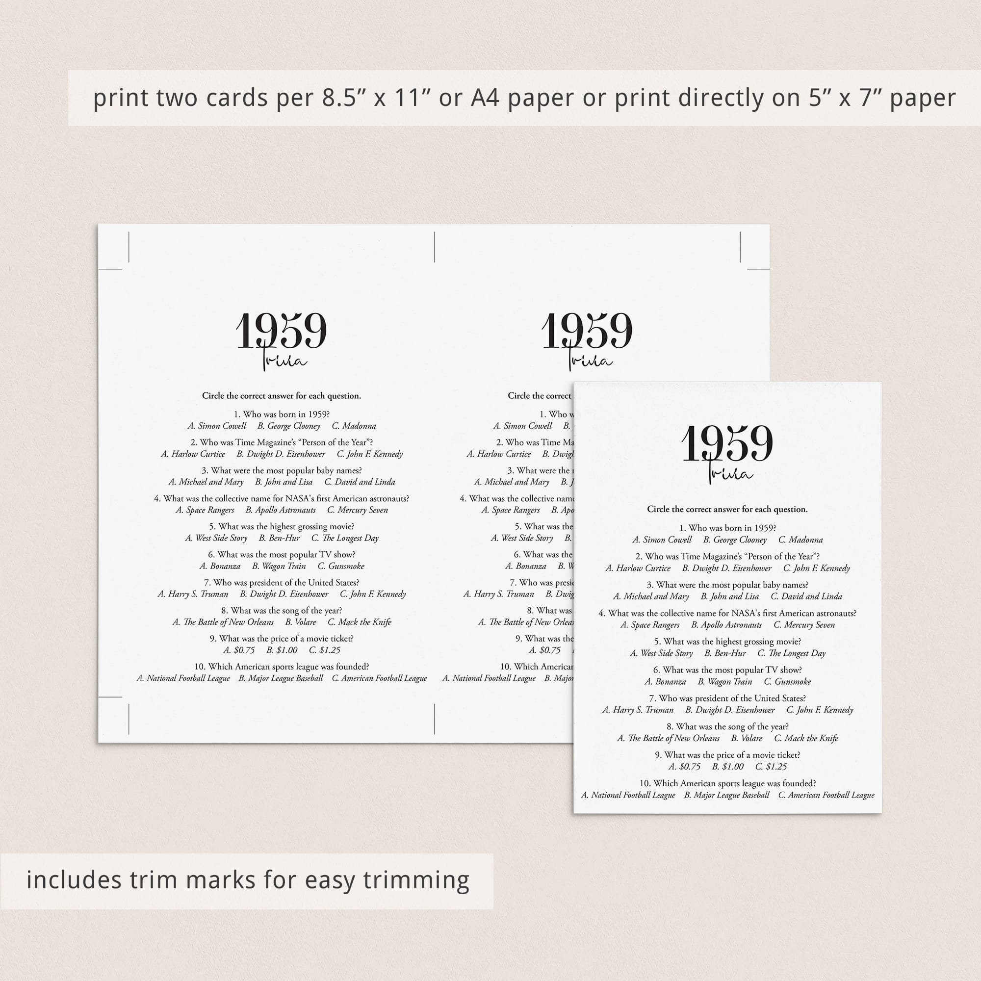 1959 Trivia Printable Back in 1959 67th Birthday Game Born in 1959 Quiz ...