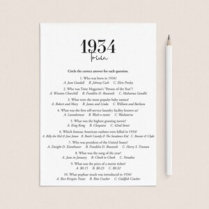 1934 Trivia Printable 91st Birthday Party Game Back to the 30s Party ...