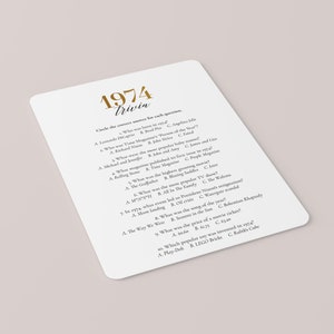1974 Trivia Quiz Printable Gold 51st Birthday Game Born in 1974 Over ...