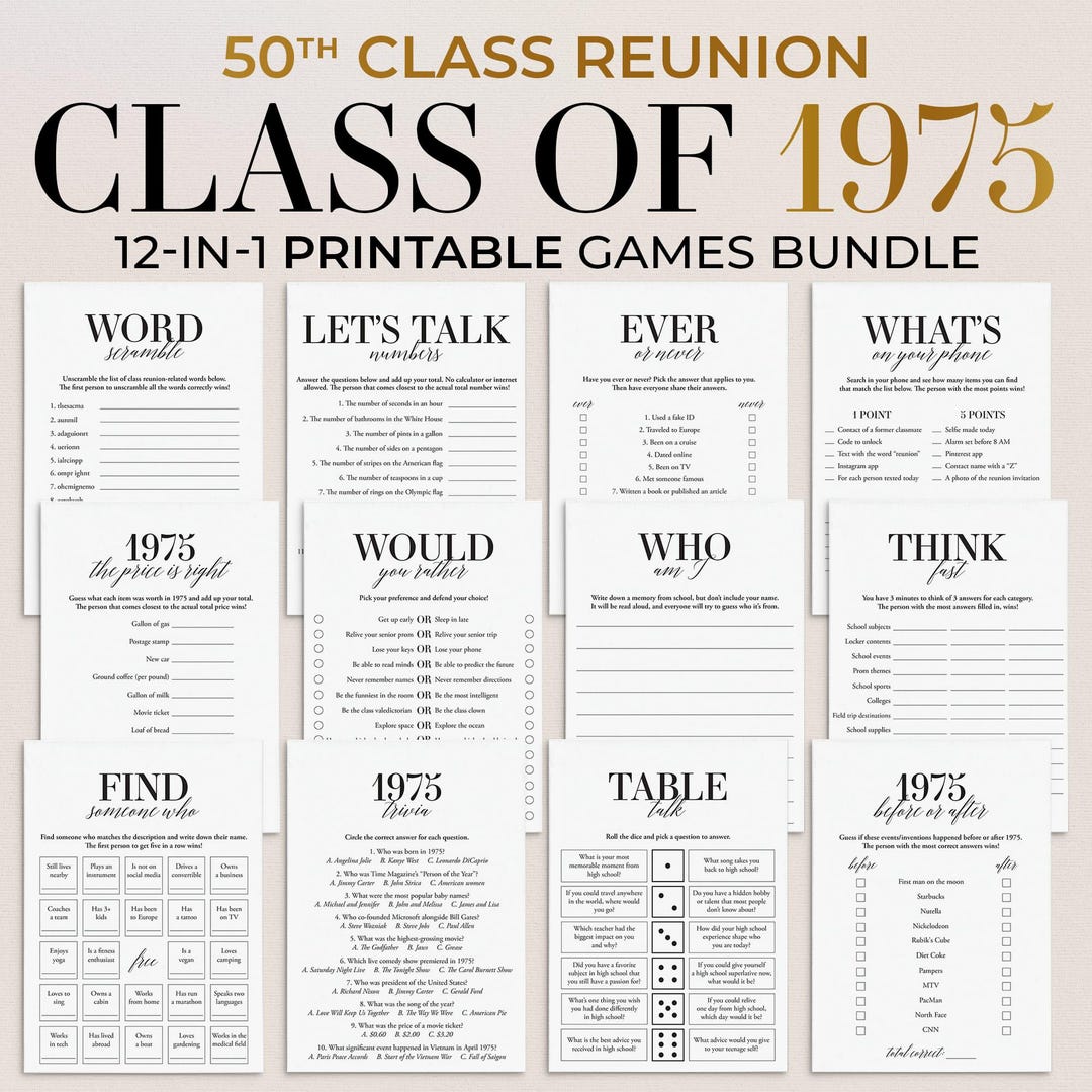 50th Class Reunion Games Printable Class of 1975 Reunion Party Games ...