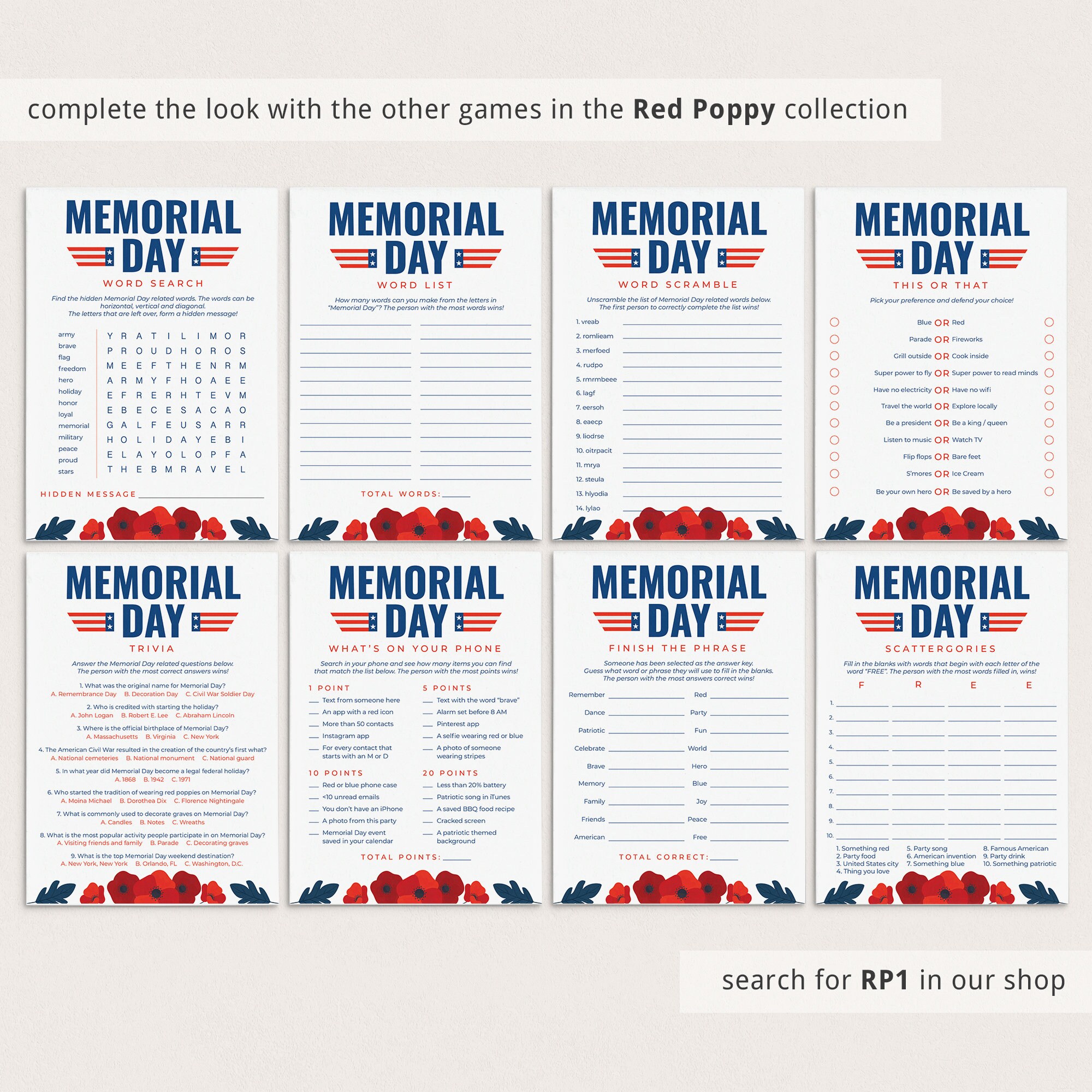 Memorial Day Trivia Printable Memorial Family Game Night Memorial Day ...