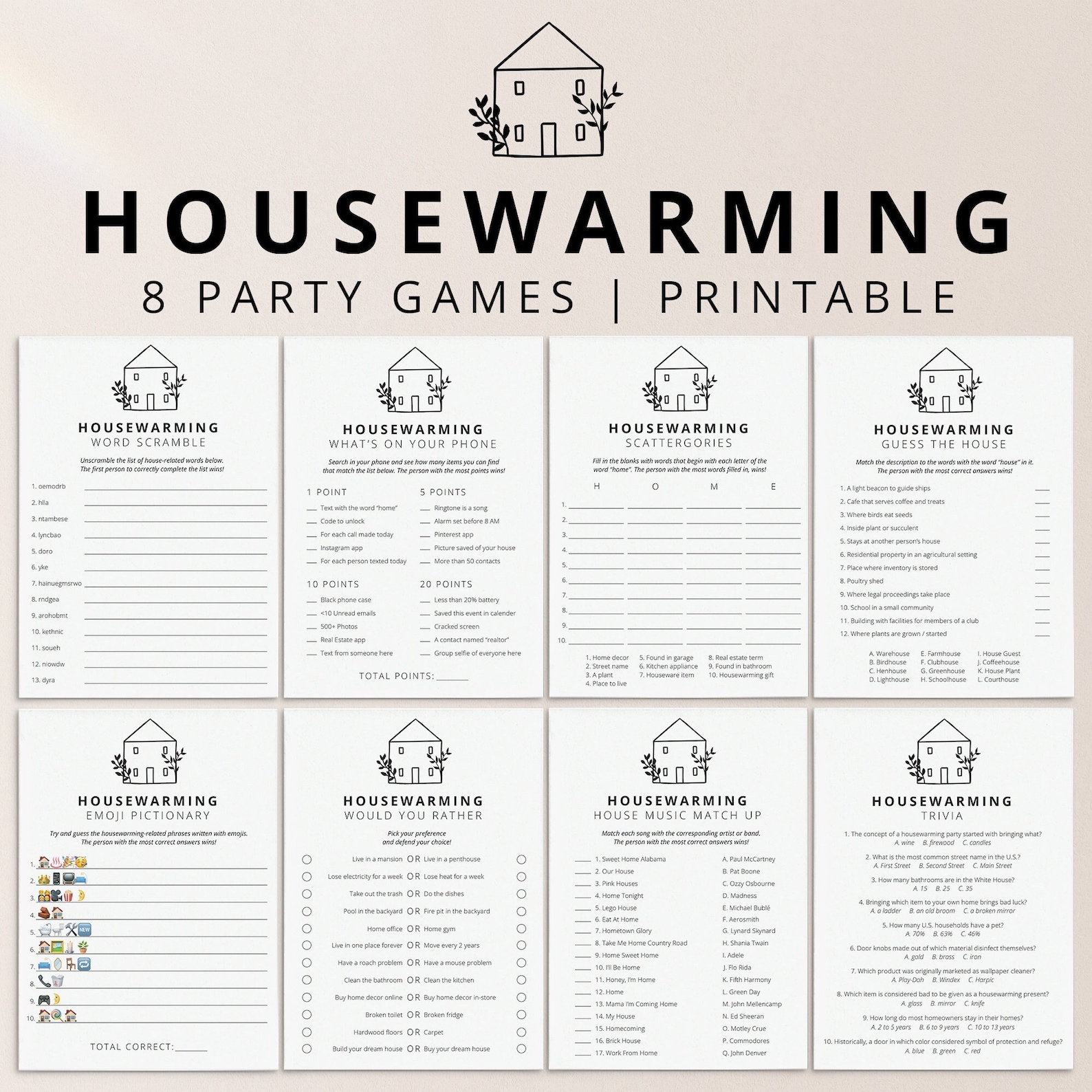 Housewarming Games Printable Minimal Housewarming Party Games Modern ...