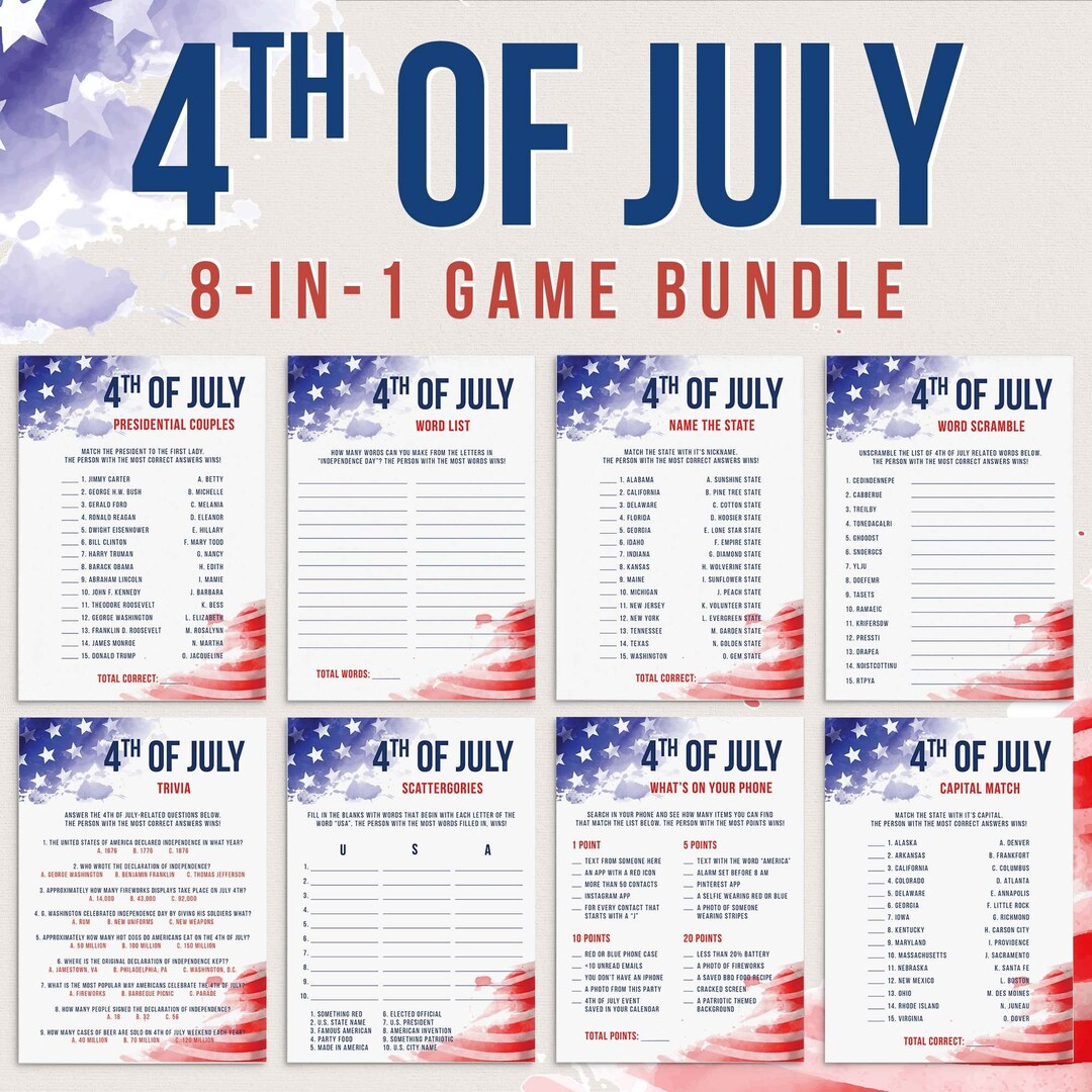 4th of July Games Bundle Instant Download 4th July Party Games ...