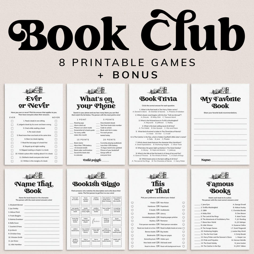 Book Club Icebreakers Printable Book Club Games Book Bingo Book Trivia ...