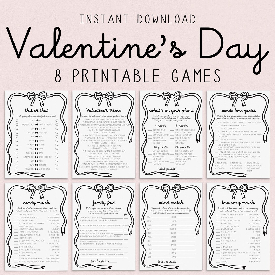 Valentine's Day Games Printable Coquette Bow Theme Valentine's Party ...