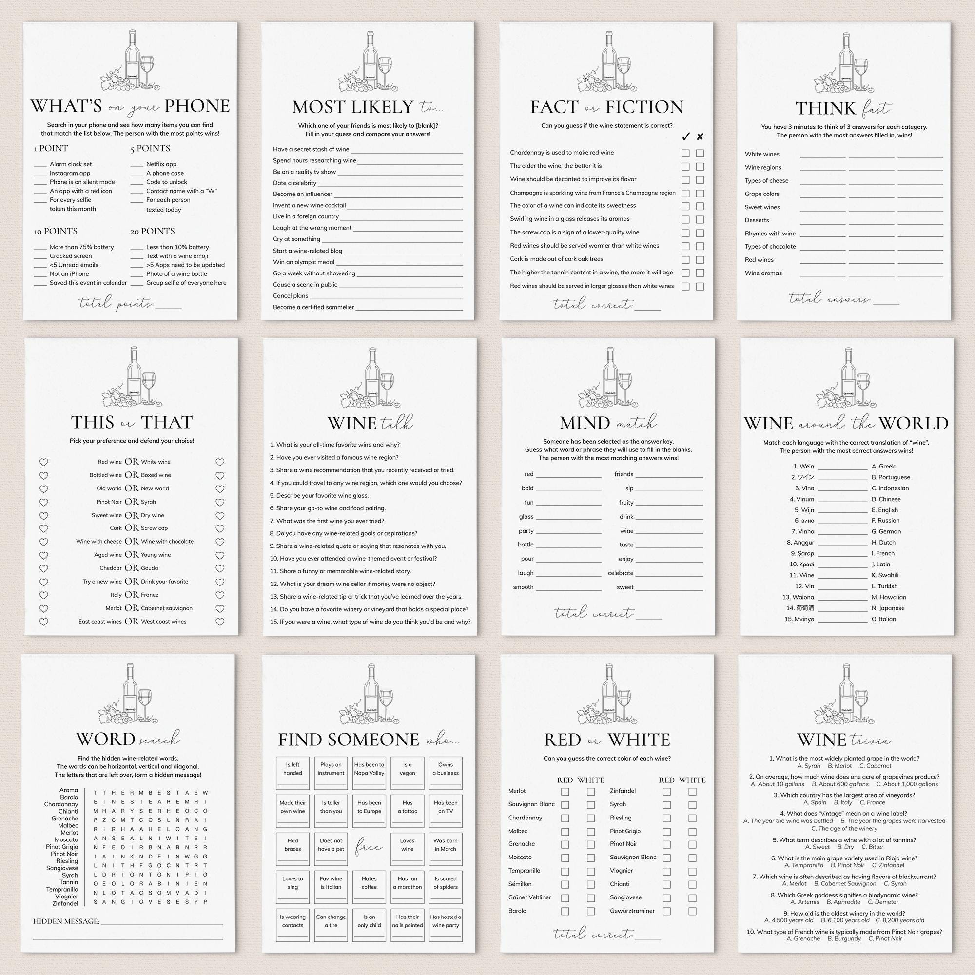 Wine Party Games Bundle Printable Wine Tasting Party Wine Games Wine ...