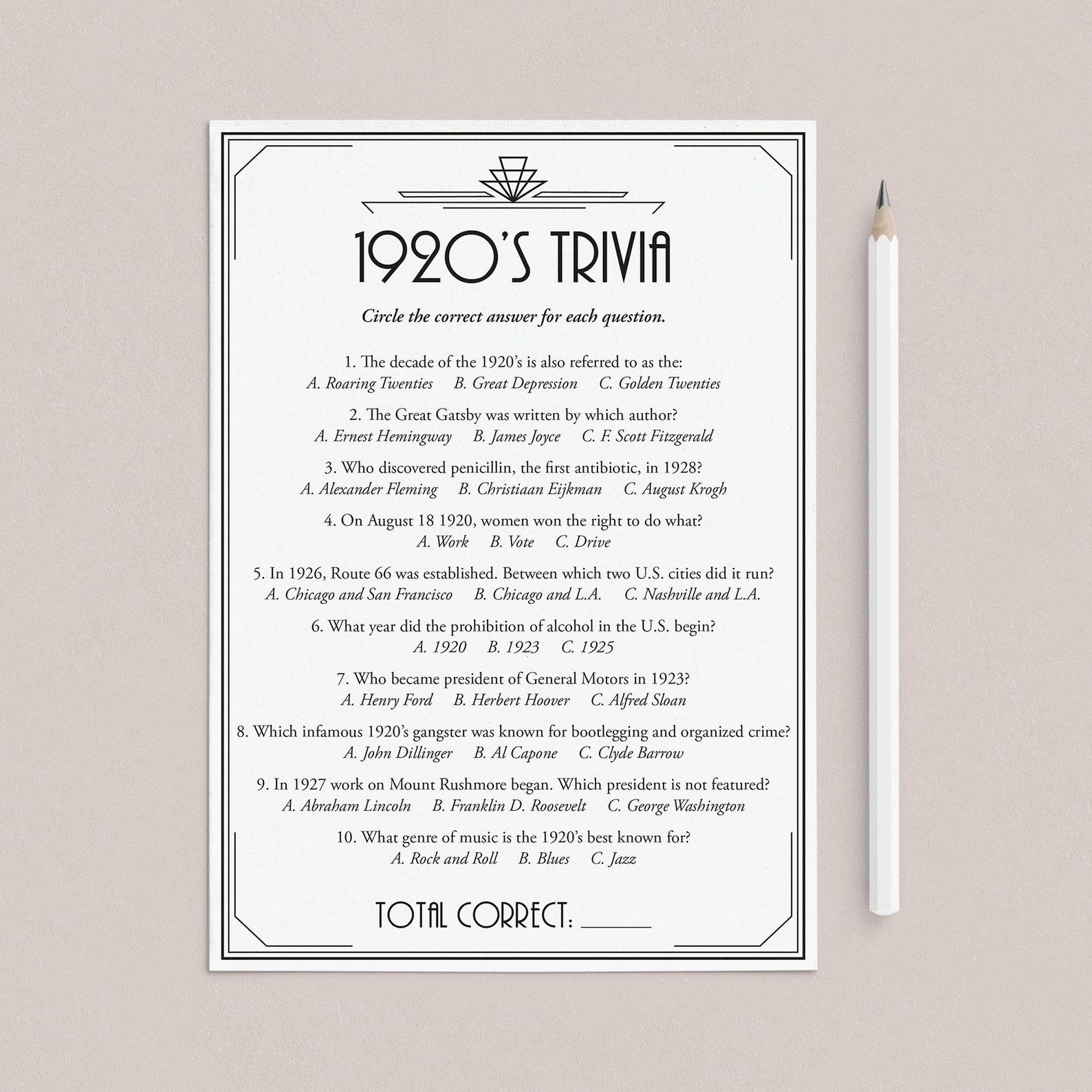 1920s Trivia Printable 1920's Gatsby Party Game Speakeasy - Etsy