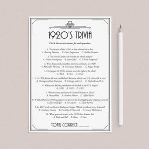 1920s Trivia Printable 1920's Gatsby Party Game Speakeasy Party Decor ...