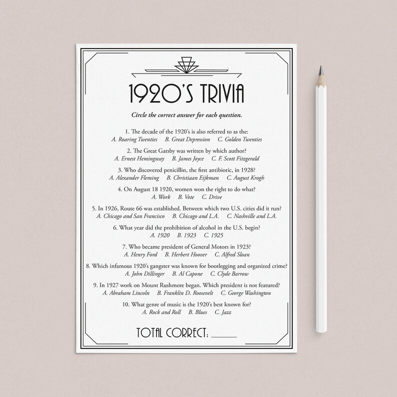 1920s Trivia Printable 1920's Gatsby Party Game Speakeasy Party Decor ...
