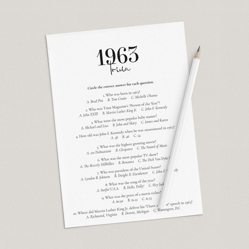1963 Quiz Printable Fun Facts About 1963 Trivia Simple 60th - Etsy ...