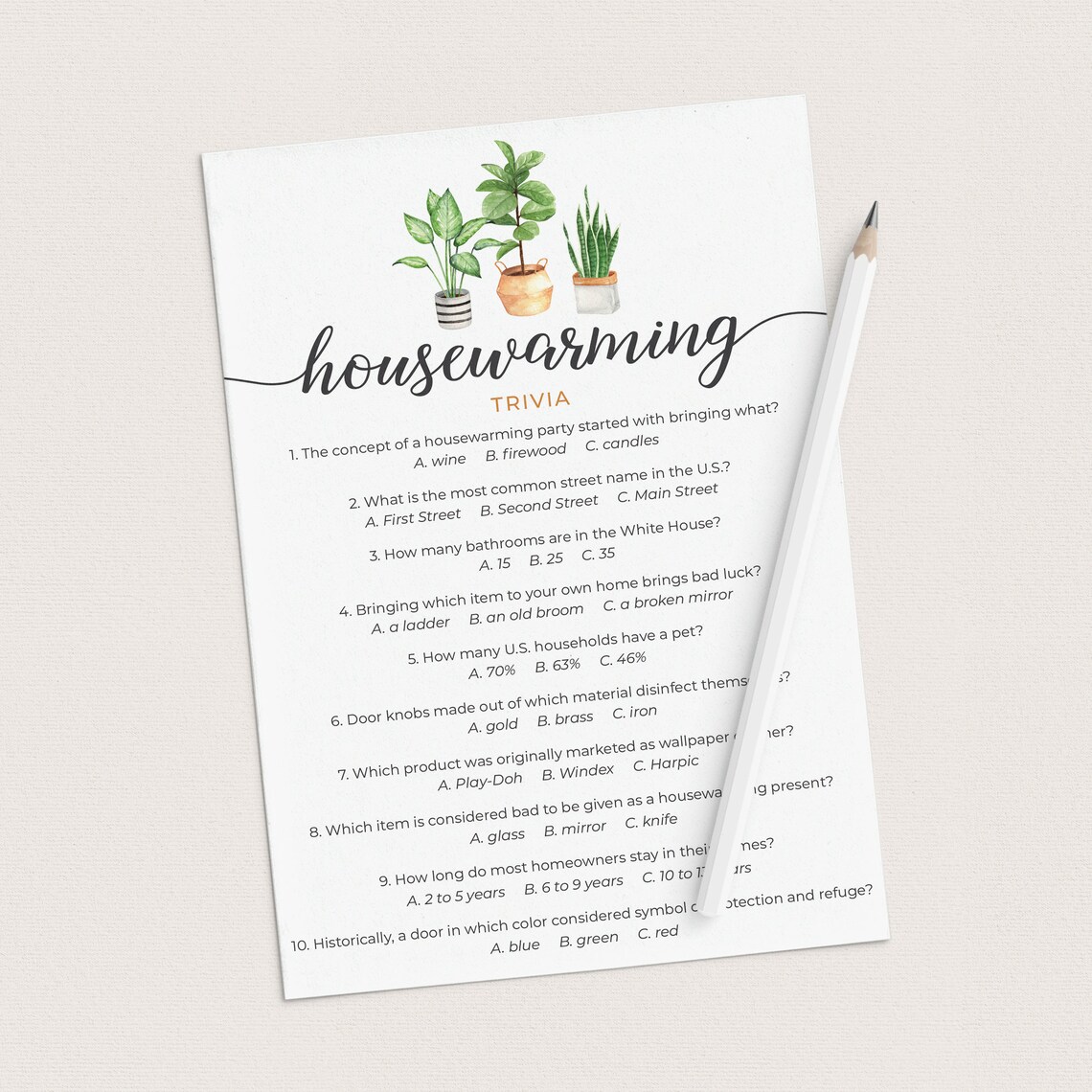 Housewarming Party Trivia Game Printable Housewarming Quiz - Etsy