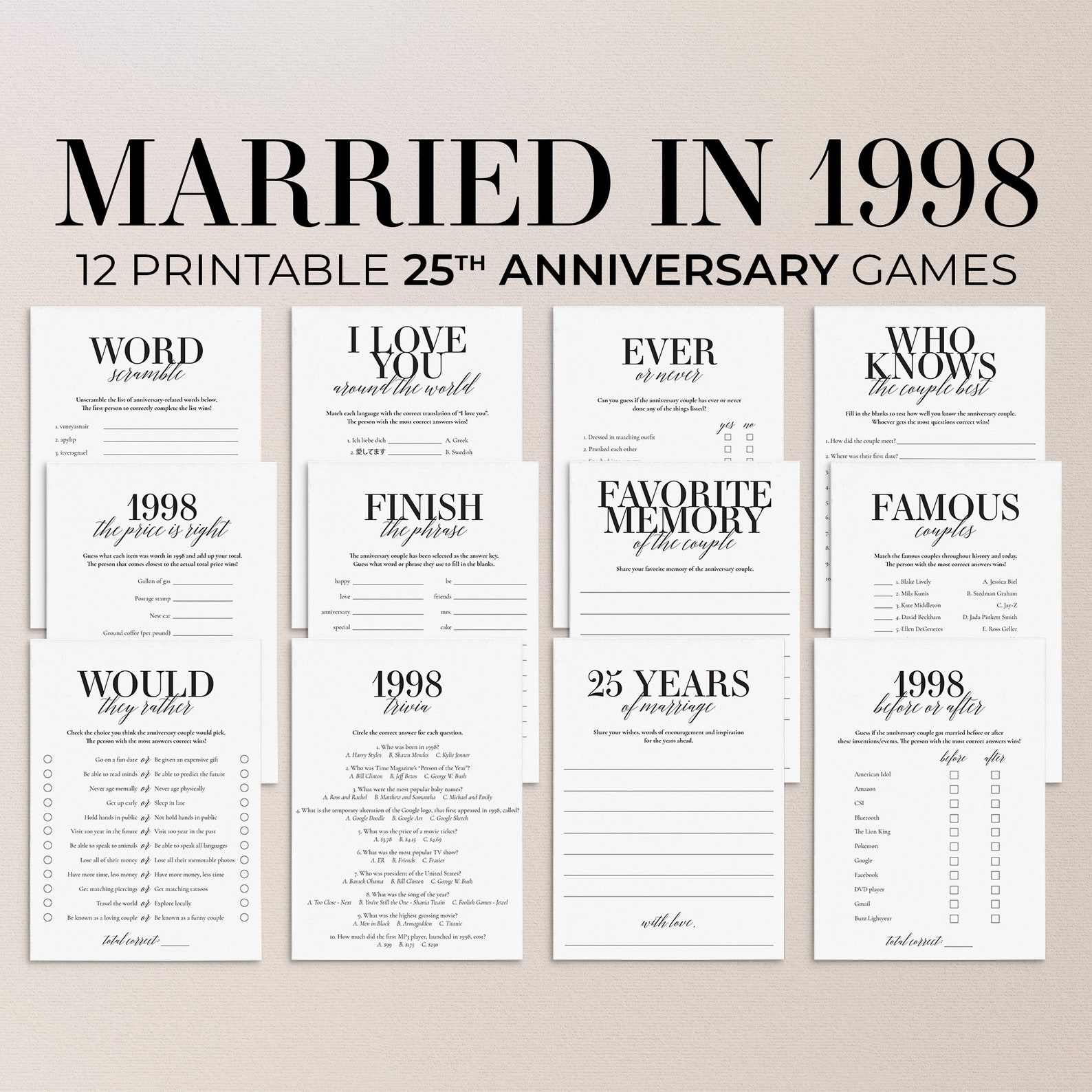 25th Anniversary Games Printable Married in 1998 Games Bundle - Etsy