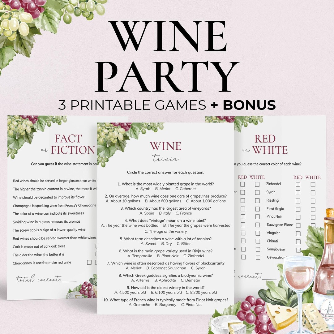 Printable Wine Party Games Wine Trivia Quiz Red or White Game Wine ...