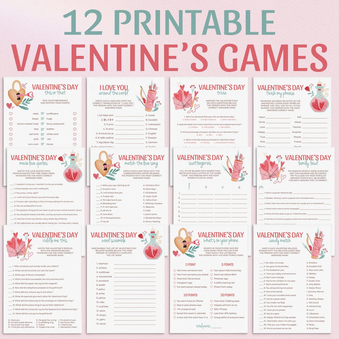 Valentine's Day Games Bundle Printable Valentines Party Game Pack ...