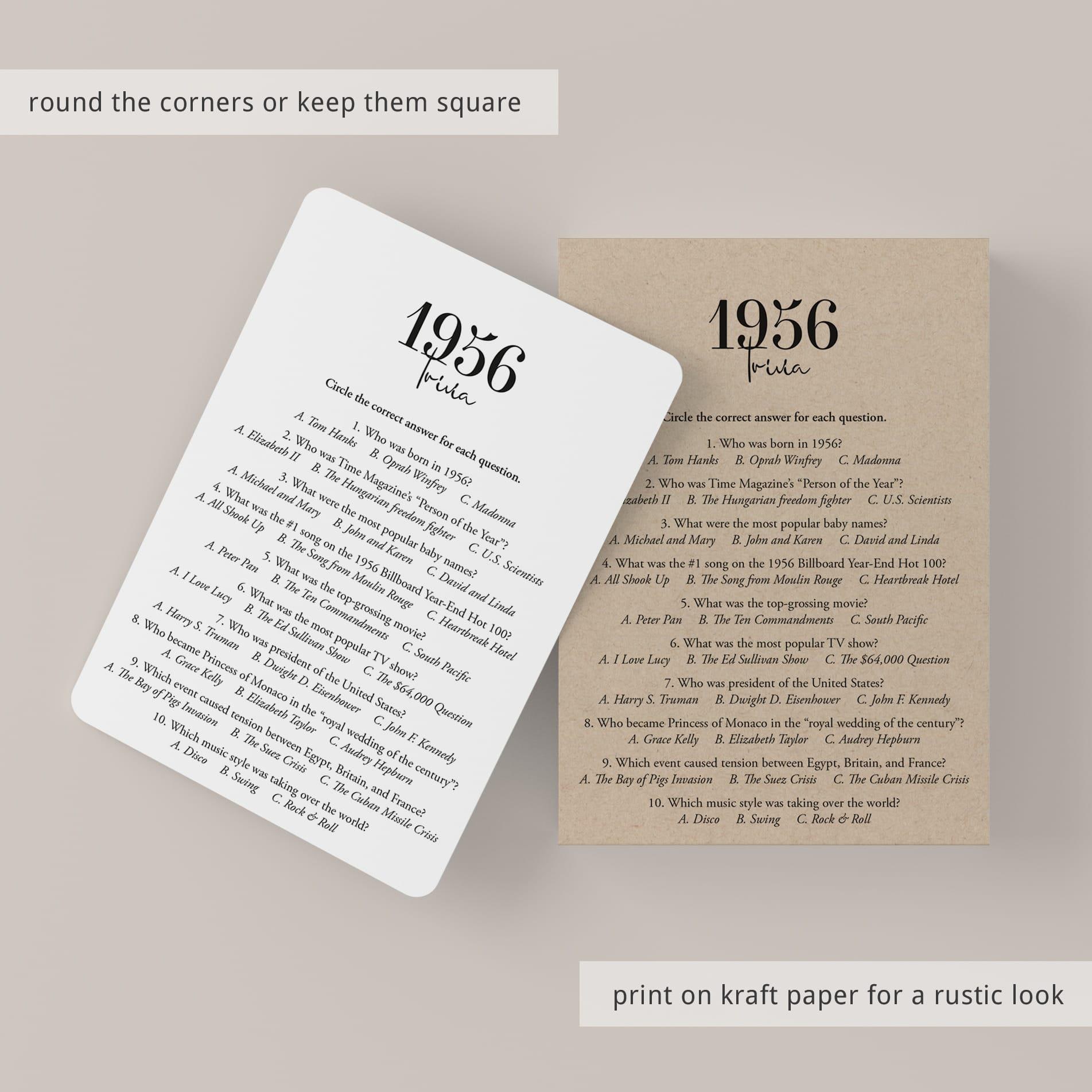 1956 Trivia Printable 70th Birthday Game Born in 1956 Quiz 70 Birthday ...