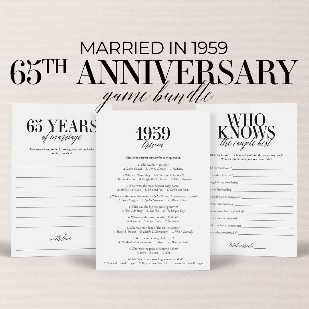 65th Anniversary Party Games Married in 1959 Trivia Printable 65th ...
