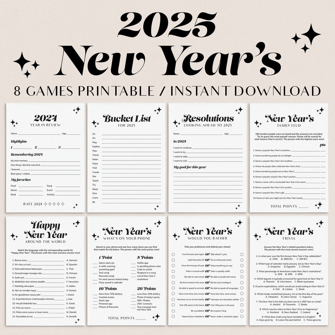 Simple New Years Party Games Printable Black and White Minimalist New ...