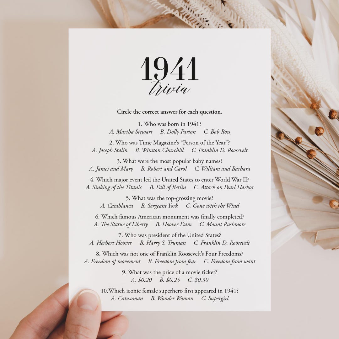 1941 Trivia Printable 85th Birthday Game Born in 1941 Quiz 85 Birthday ...