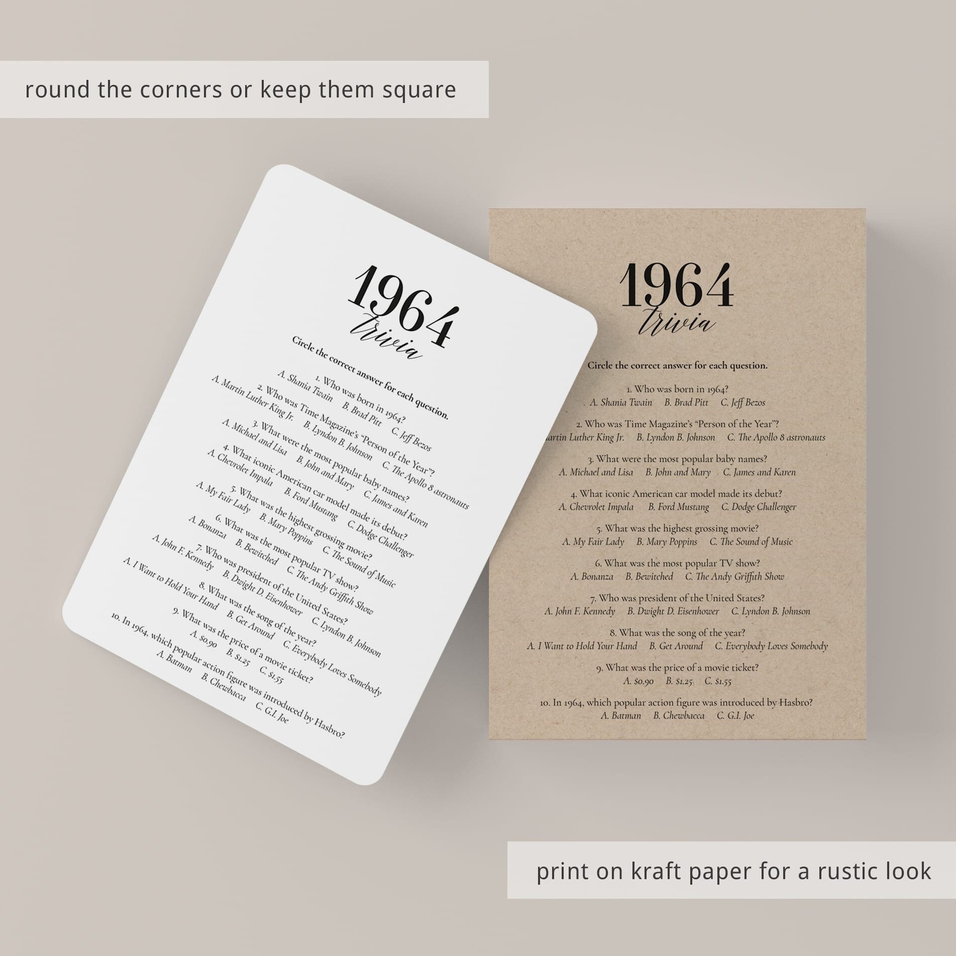 1964 Trivia Printable 60s Quiz 62nd Birthday Party Game Back to the 60s ...