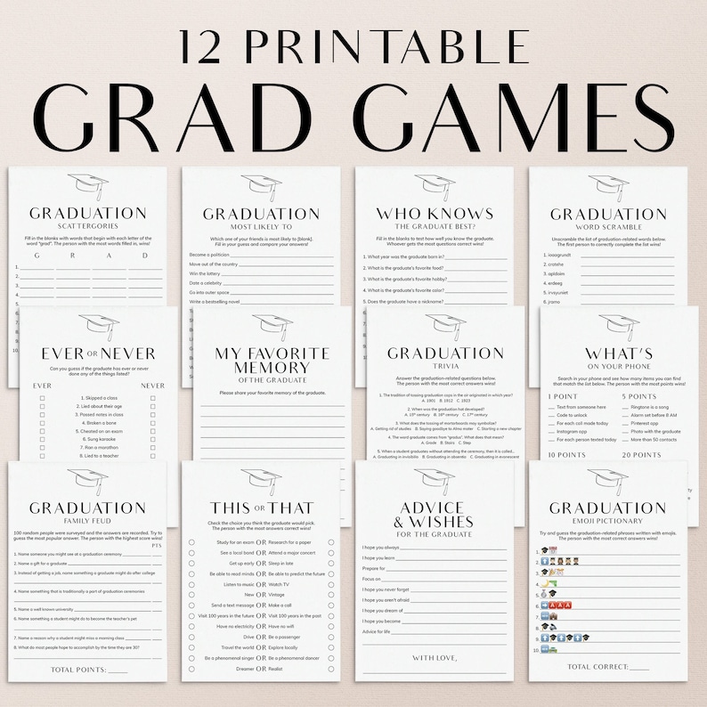 Modern Minimalist Graduation Games Bundle Printable 2026 Grad Party ...