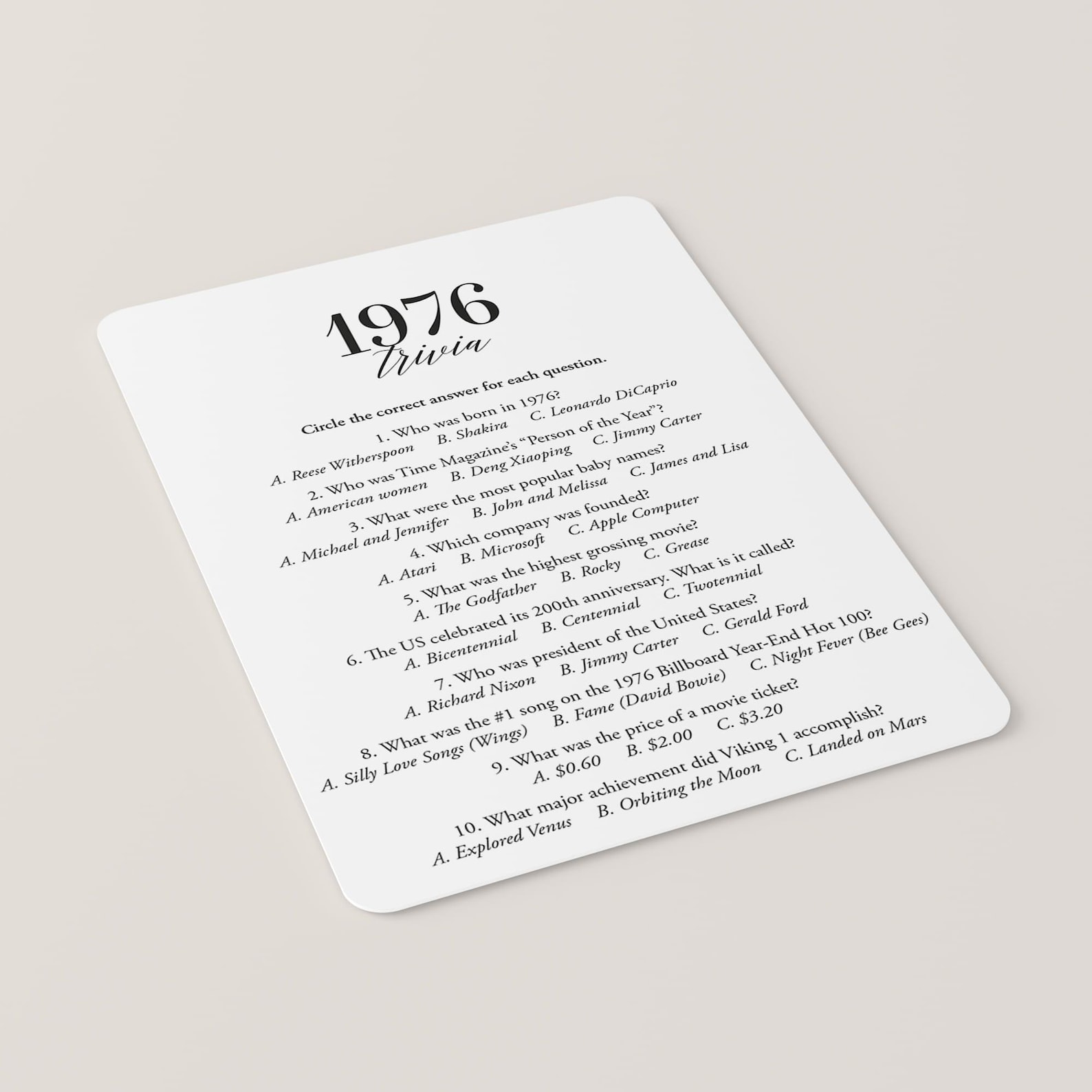 1976 Trivia Printable 50th Birthday Party 1976 Games Back in 1976 Party ...