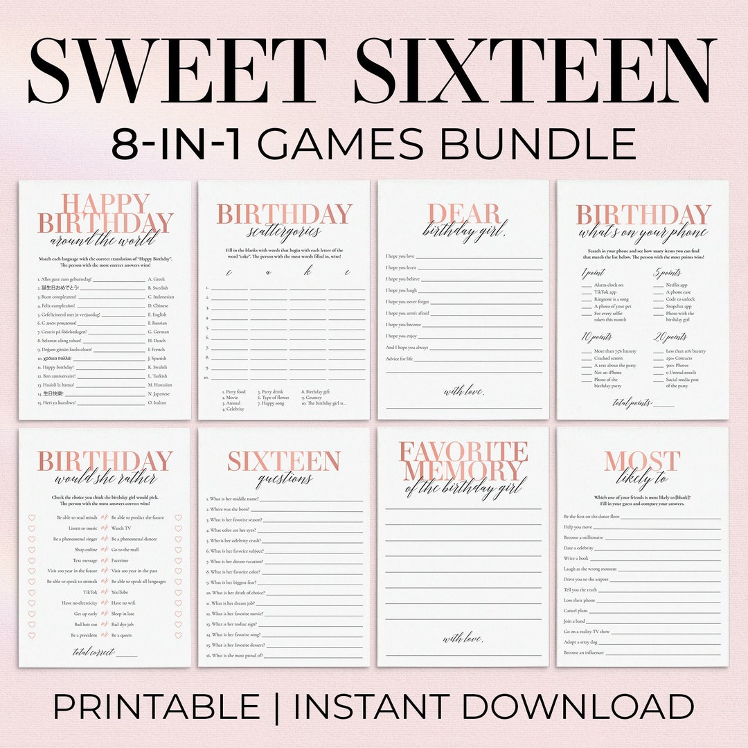 Sweet 16 Games Bundle Printable 16th Birthday Games Sweet 16 Party ...