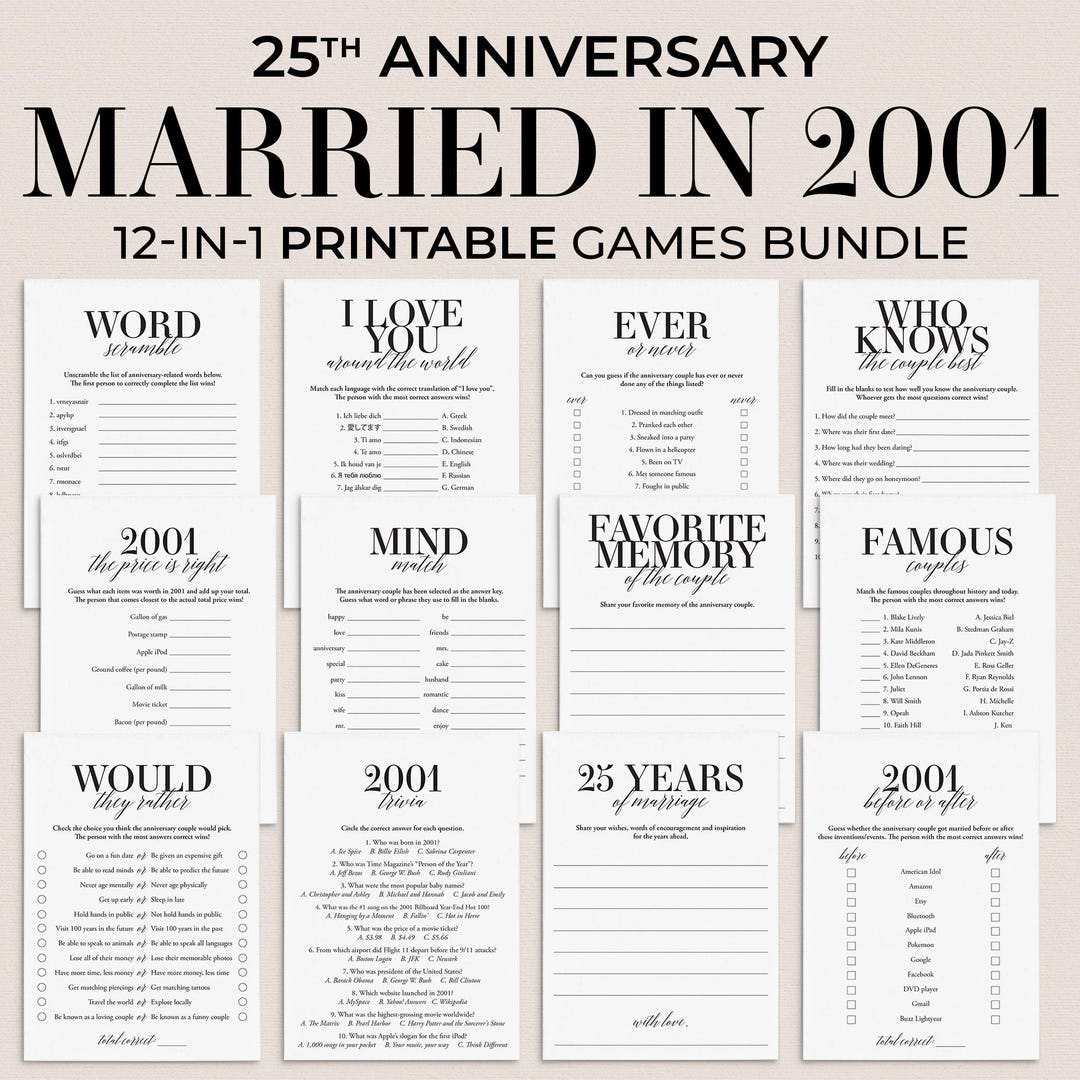 25th Anniversary Games Printable Married in 2001 Games Bundle Silver ...