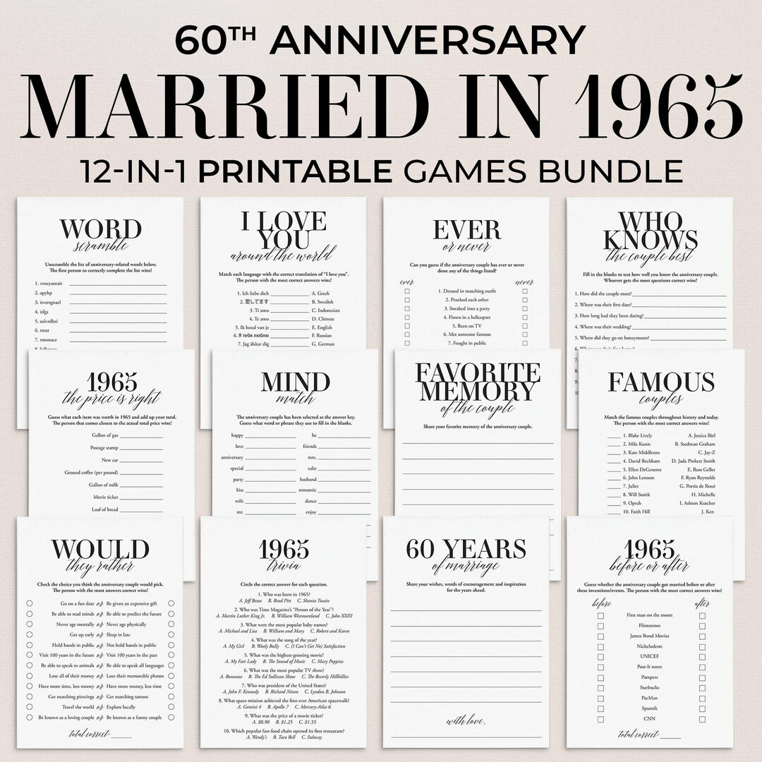 60th Anniversary Games Printable Married in 1965 Games Bundle Diamond ...