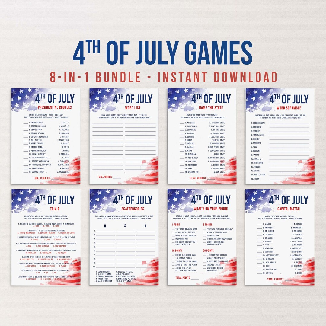 4th of July Games Bundle Instant Download 4th July Party Games ...