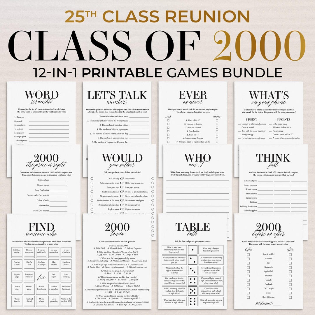 25th Class Reunion Games Printable Class of 2000 Reunion Party Games ...