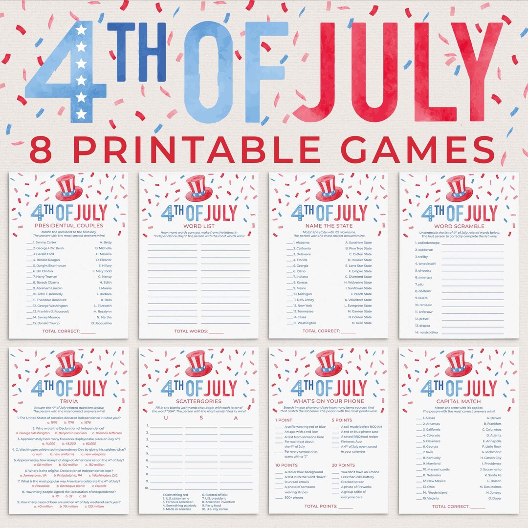 4th of July Party Games Bundle Printable July 4th Games Red White Blue ...