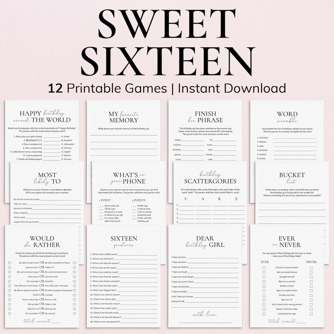 Sweet Sixteen Birthday Party Games Printable Sweet 16 Party Games 16th ...