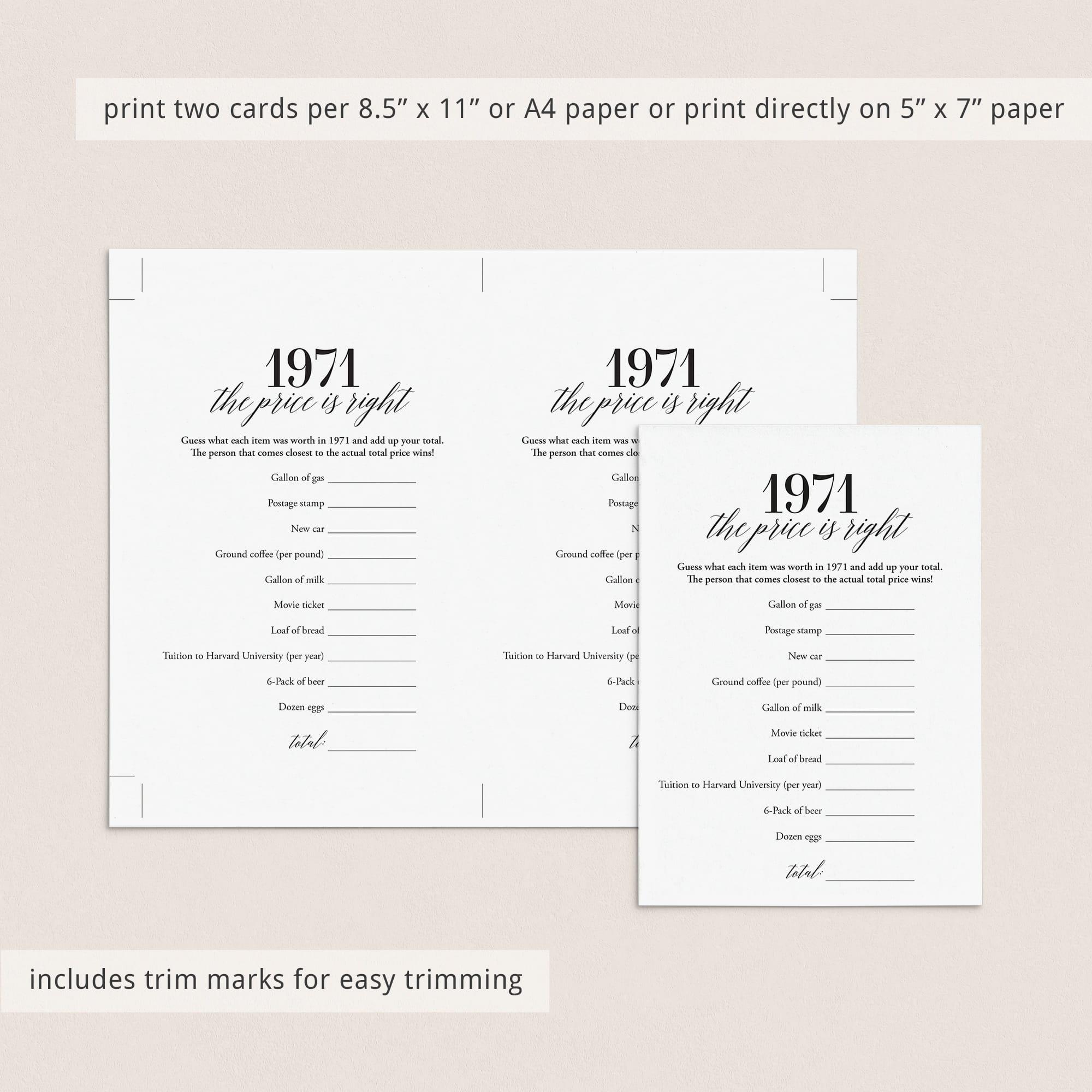 1971 the Price is Right Game Printable 55th Birthday Card Cost of ...