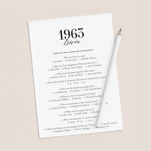1963 Trivia Printable 60s Quiz 62nd Birthday Party Game Back to the 60s ...