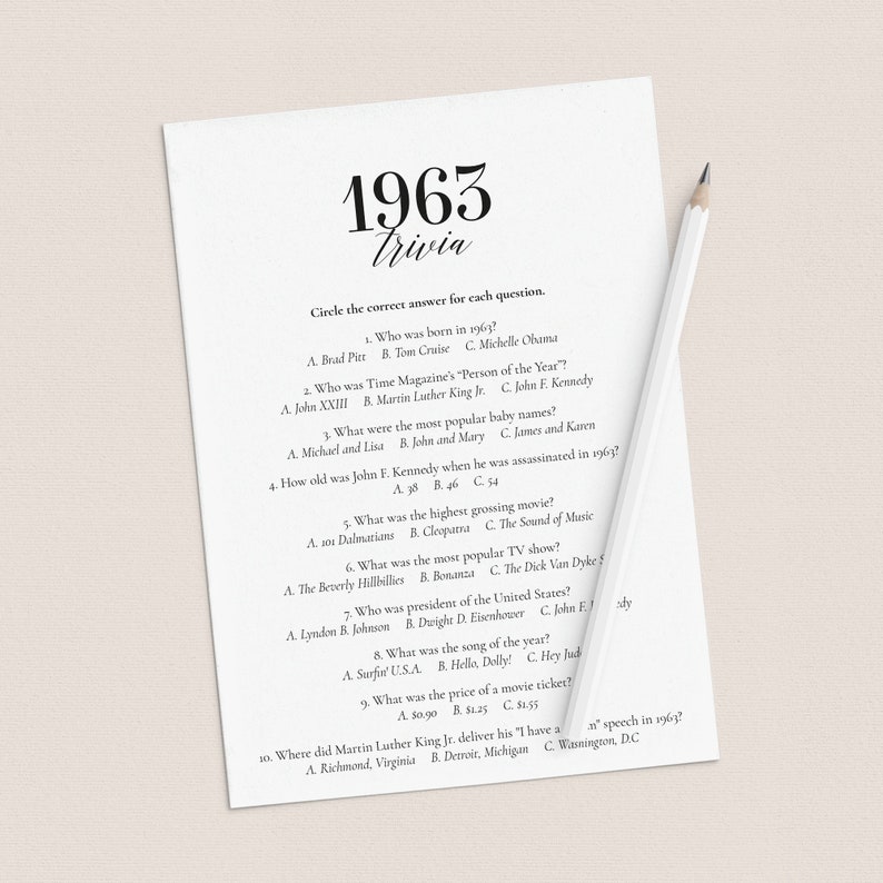 1963 Trivia Printable 60s Quiz 63rd Birthday Party Game Back to the 60s ...
