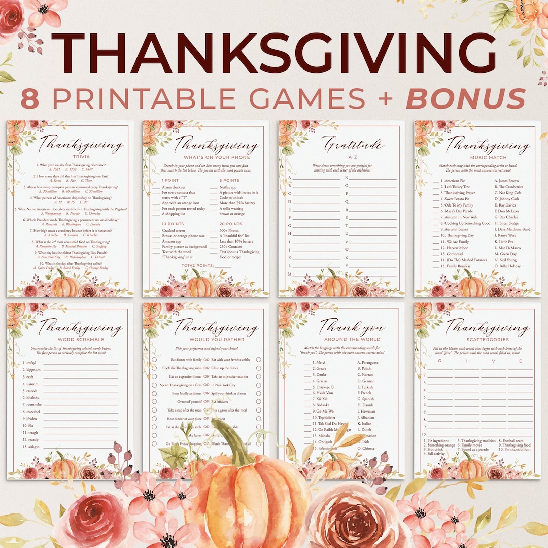 Thanksgiving Games for Family Printable Autumn Floral Thanksgiving Game ...