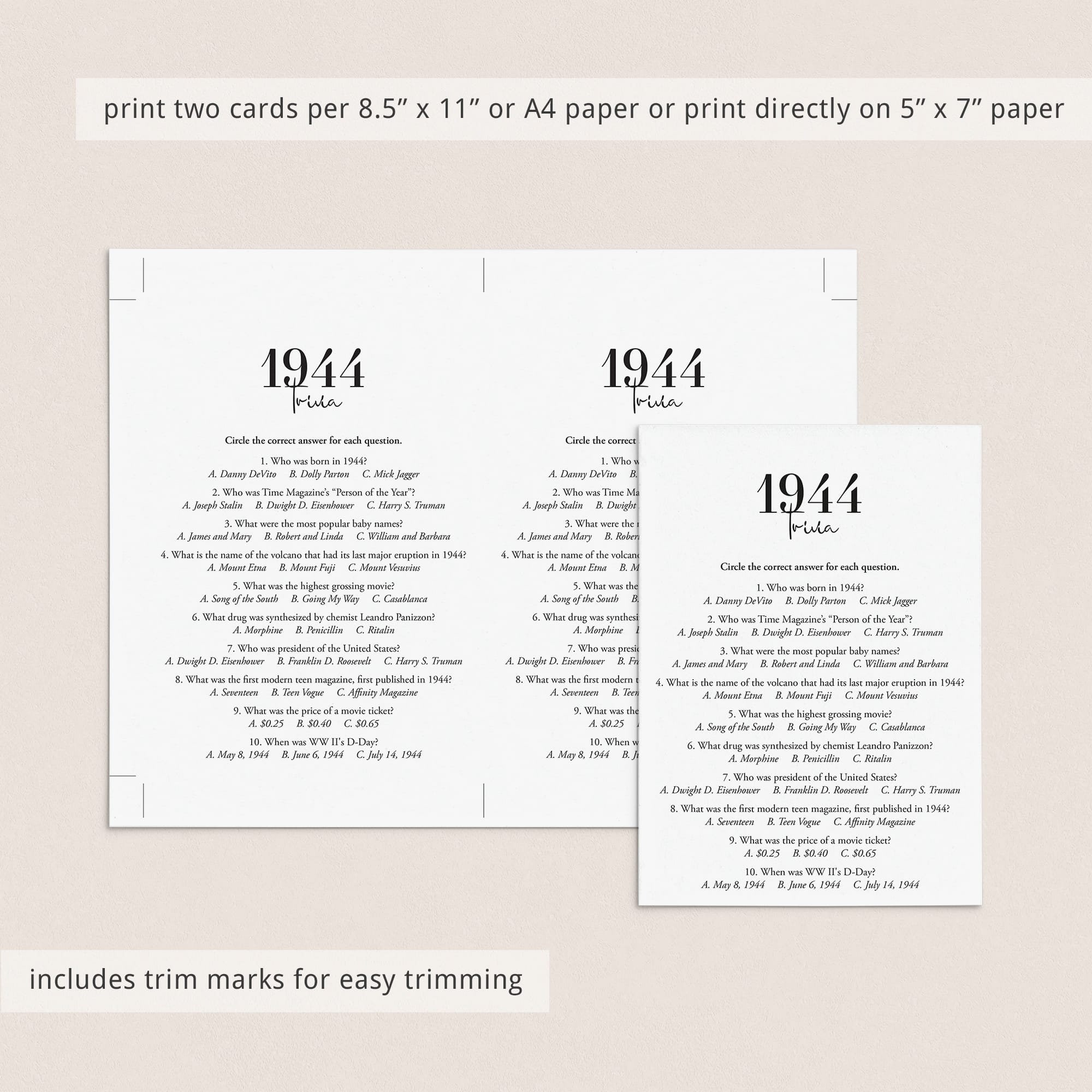 1944 Trivia Printable 82nd Birthday Game Born in 1944 Quiz 82 Birthday ...