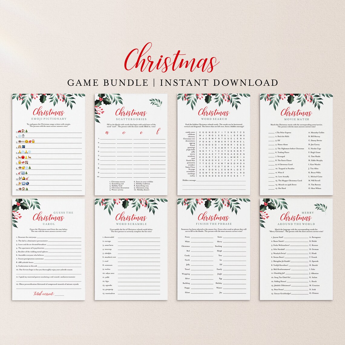 Christmas Games Bundle Printable Christmas Greenery Holiday - Etsy