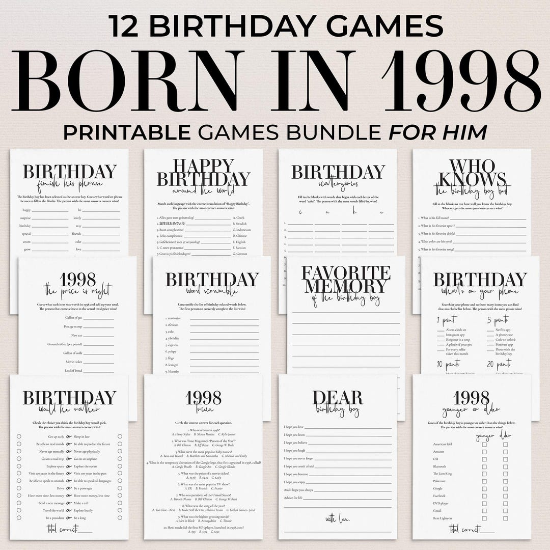 27th Birthday Games for Him Printable Born in 1998 Birthday Bundle 27th ...