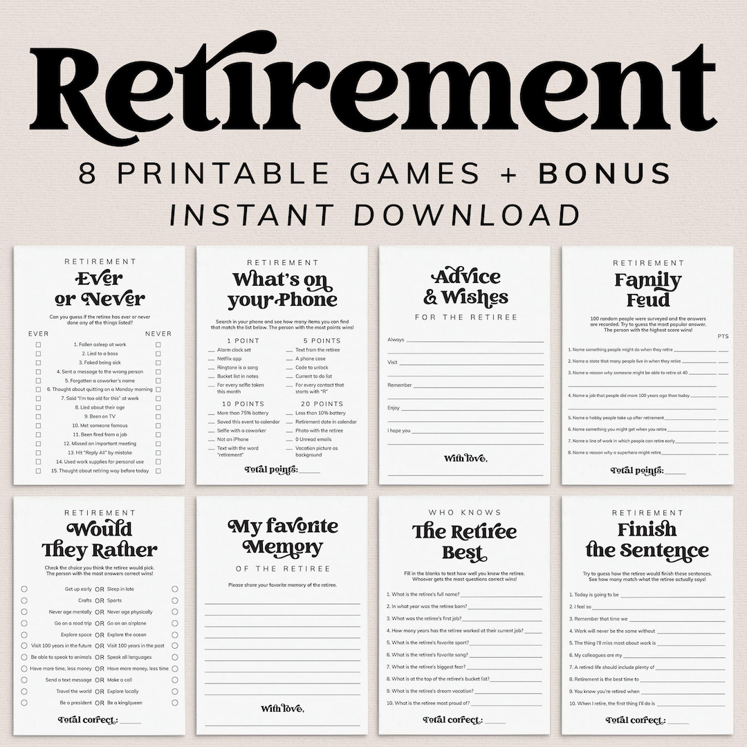 Retirement Games Printable Fun Retirement Party Game Bundle Retirement ...