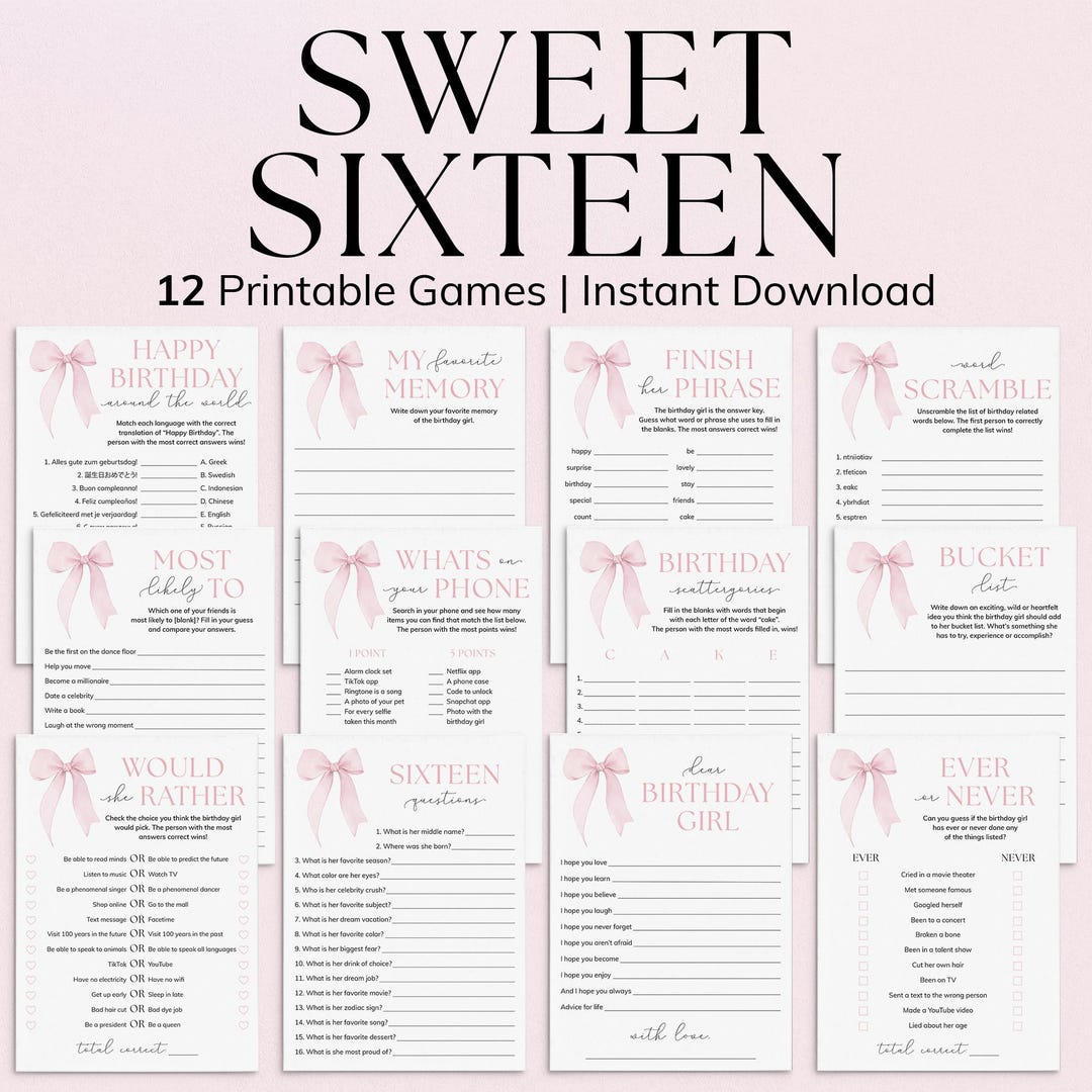 Pink Sweet Sixteen Birthday Games Bow Sweet 16 Birthday Games Coquette ...