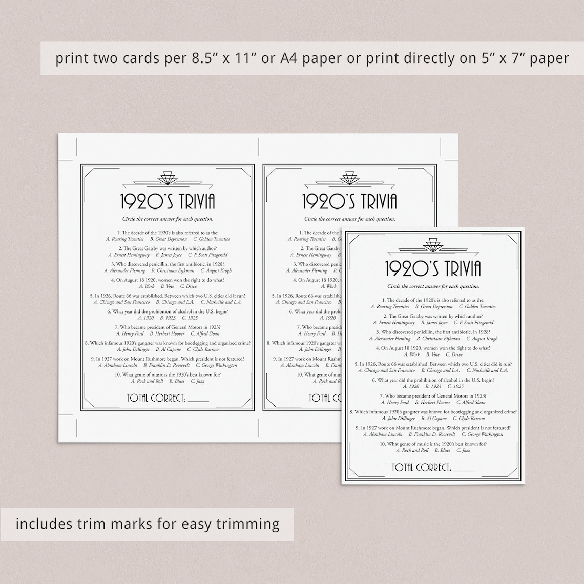1920s Trivia Printable 1920's Gatsby Party Game Speakeasy - Etsy