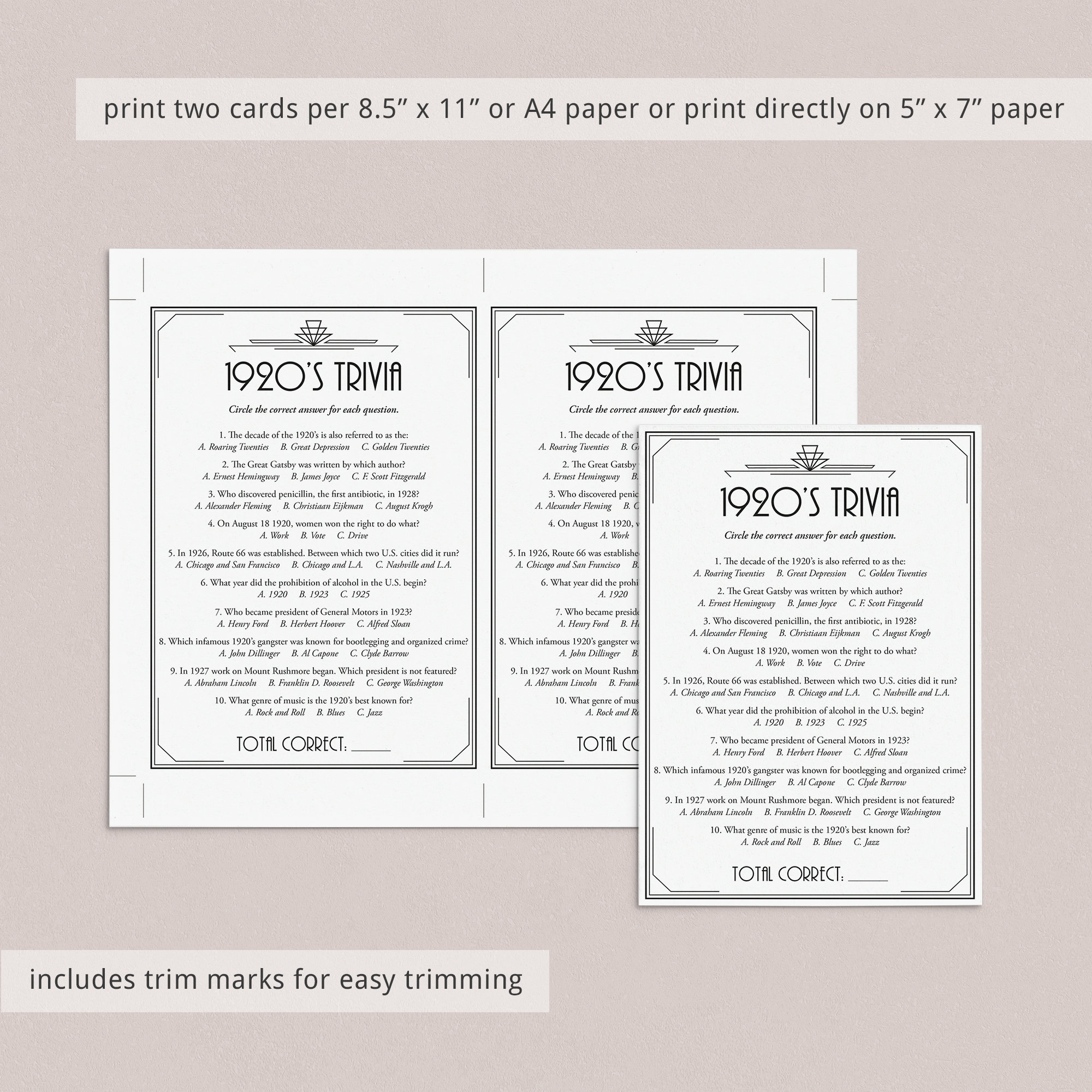 1920s Trivia Printable 1920's Gatsby Party Game Speakeasy Party Decor ...