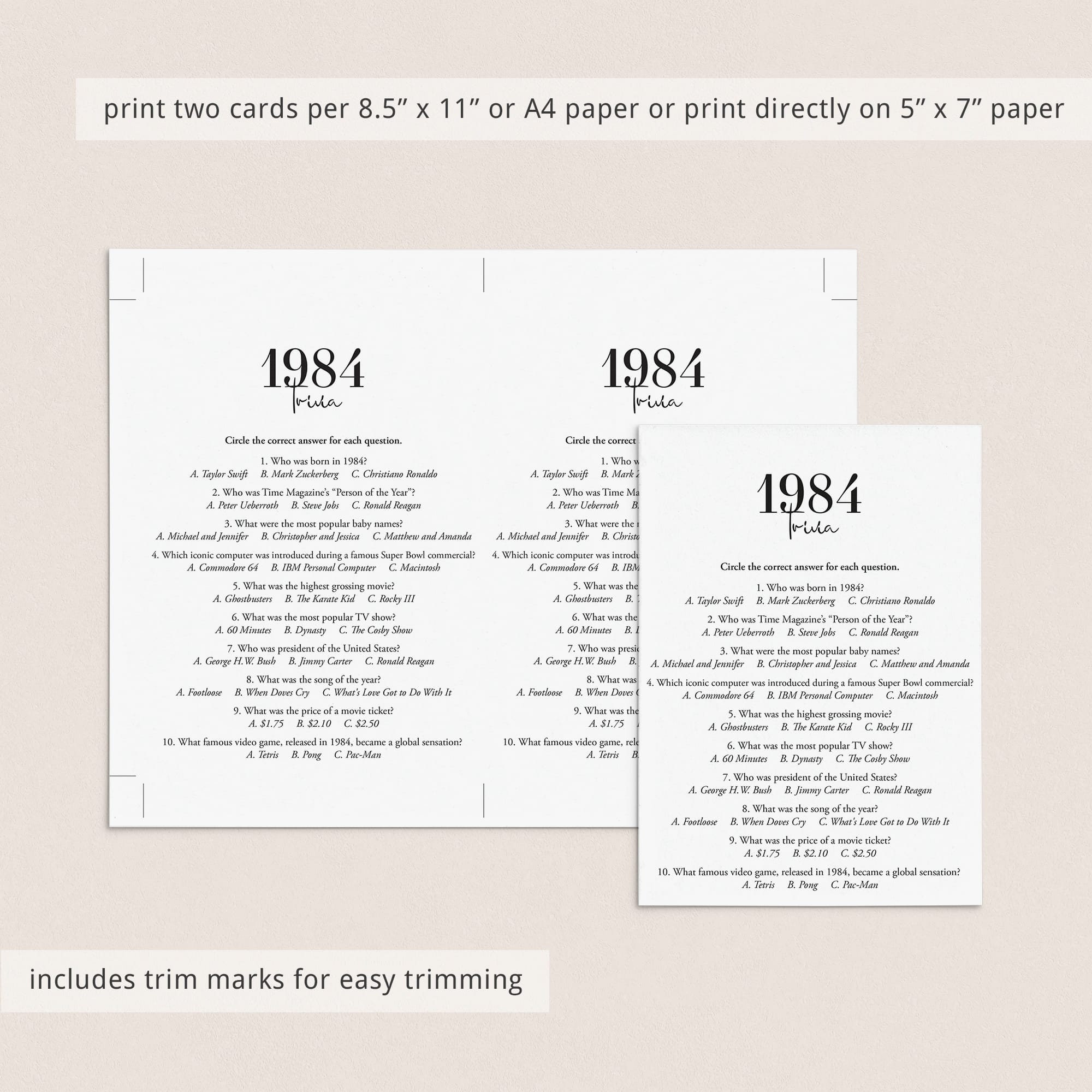 1984 Trivia Printable 80s Quiz 42nd Birthday Party Game Born in 1984 ...