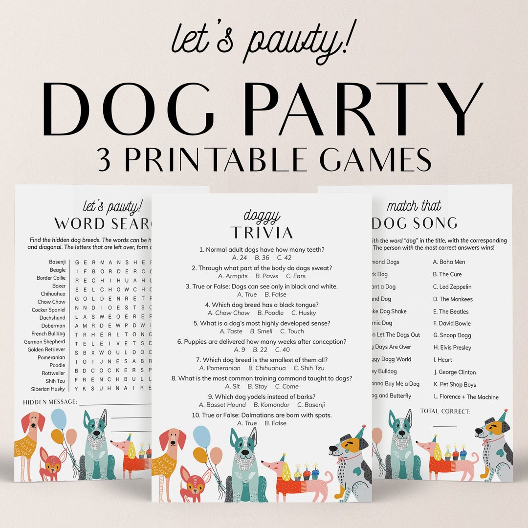 Dog Party Games Printable Let's Pawty Dog Games Doggy Trivia Dog Word ...