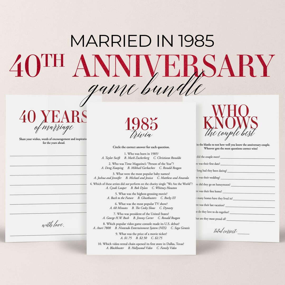 40th Anniversary Games Printable Married in 1985 Game Bundle Ruby ...